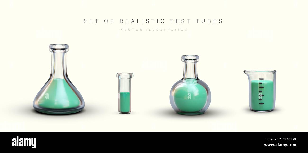 Collection of realistic labware filled with green liquid. Glass test ...