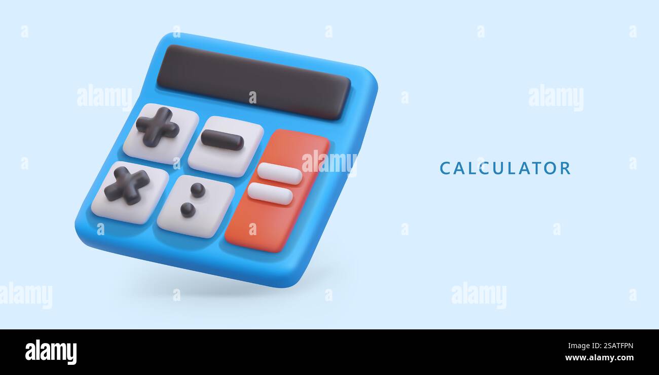 Realistic calculator in cartoon style. Basic mathematical operations online. Counting ...