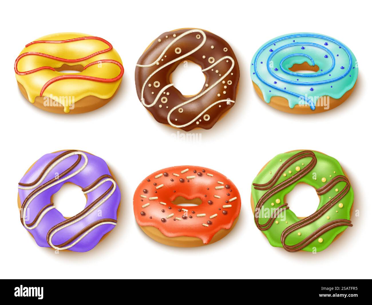 Glazed donuts set. Realistic sweet cakes with different toppings and ...