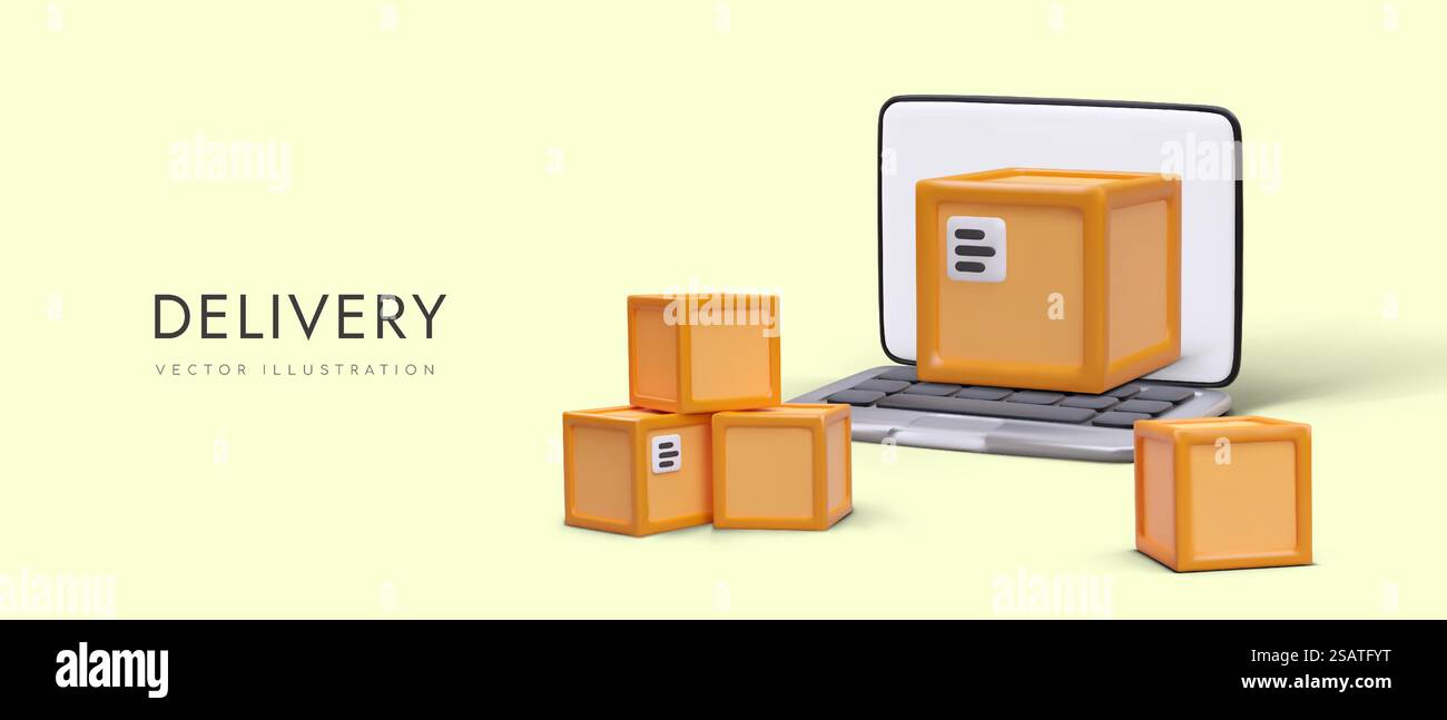 Delivery concept. Realistic open laptop, boxes with place for label ...