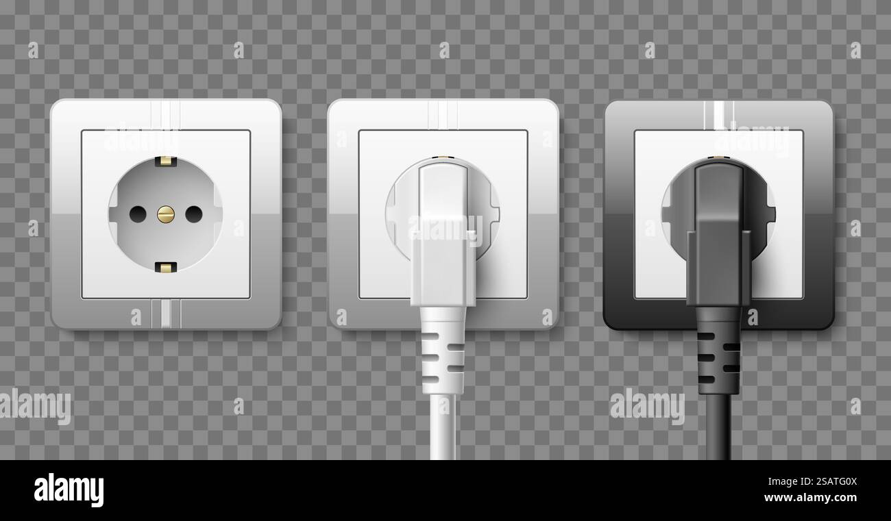 Outlet with power cord. Realistic white and black plastic sockets ...