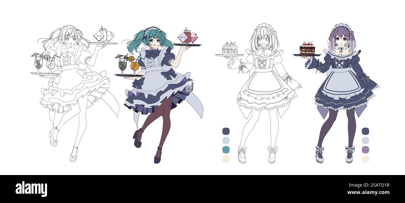 Anime girls working in maid cafe coloring book vector characters ...