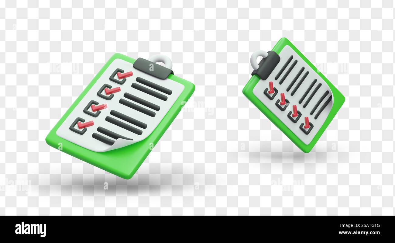 Green realistic clipboards with filled lists. Ready reports on work ...