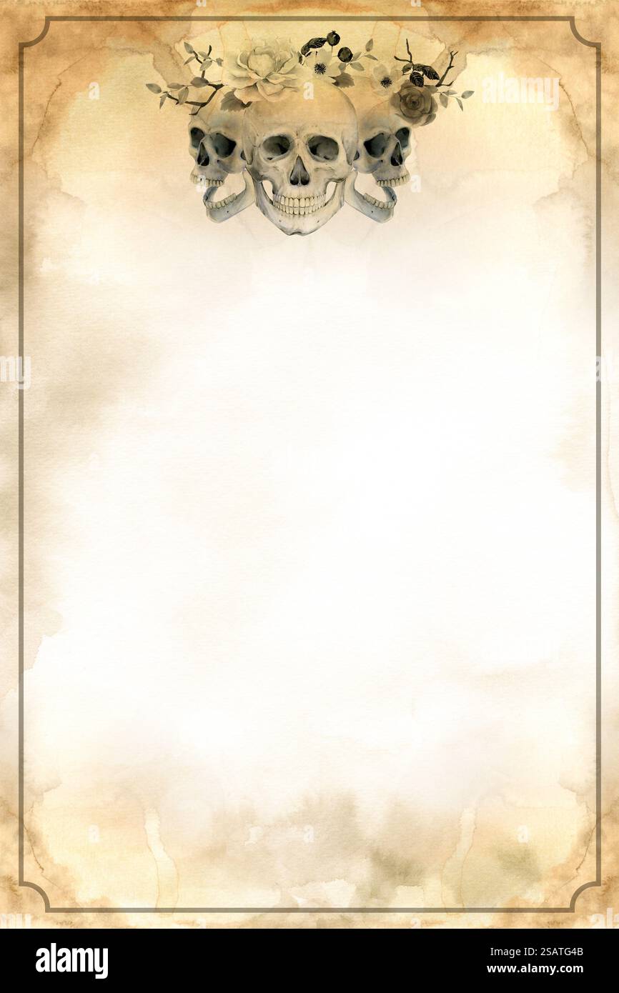 Old yellowed paper with a skull stamp. Pirate sign on an old manuscript ...