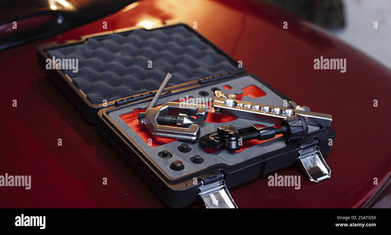 Toolkit with organized metal tools in a case, placed on a red surface ...