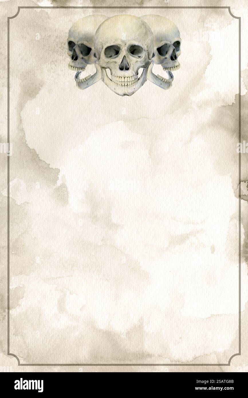 Old yellowed paper with a skull stamp. Pirate sign on an old manuscript ...