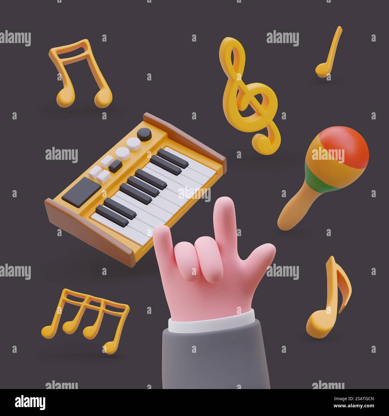 Cool music. 3D hand, sign of horns, synthesizer, maracas, notes, treble ...