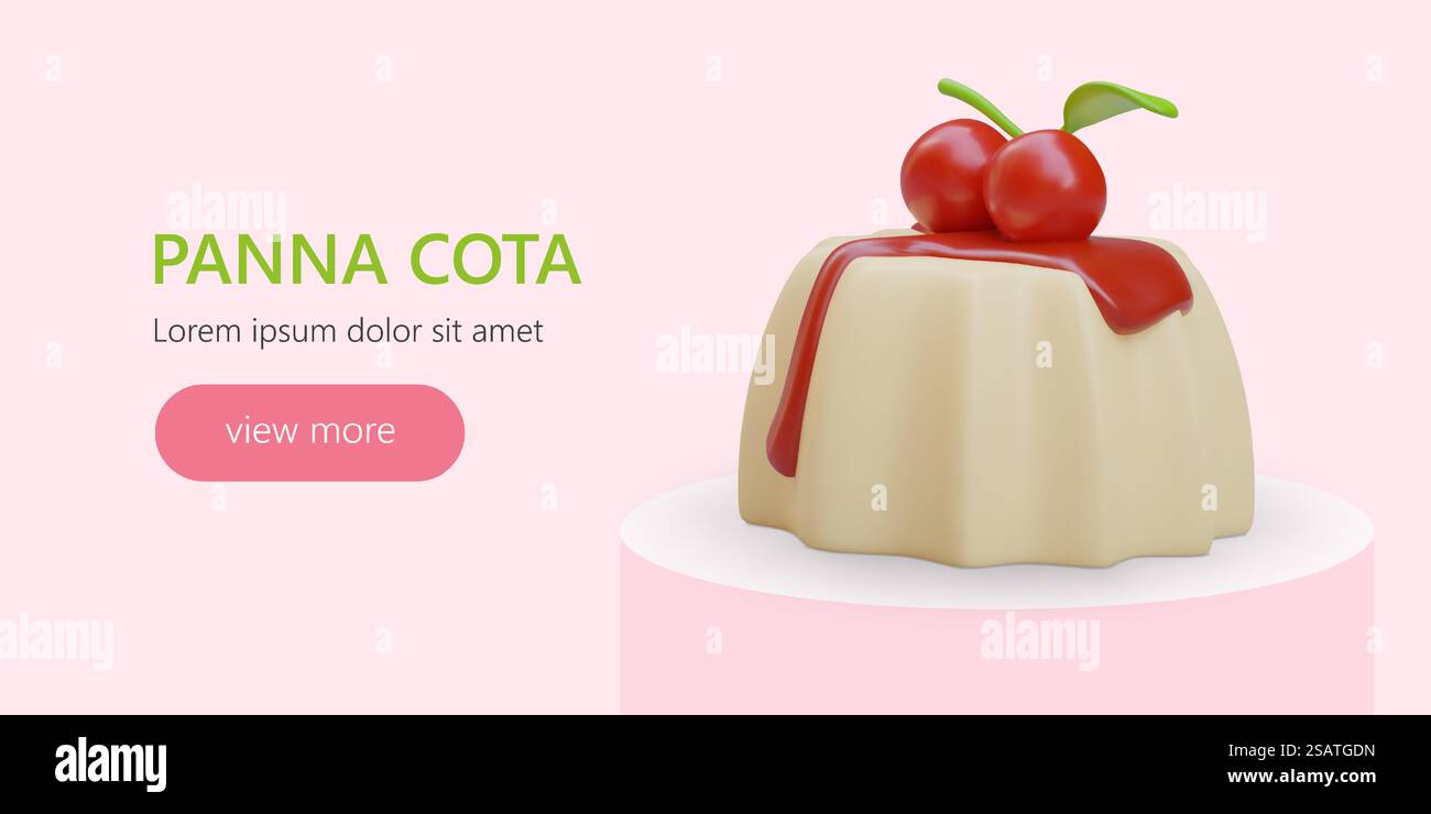 Realistic panna cotta with cherry syrup and berries. Classic Italian ...