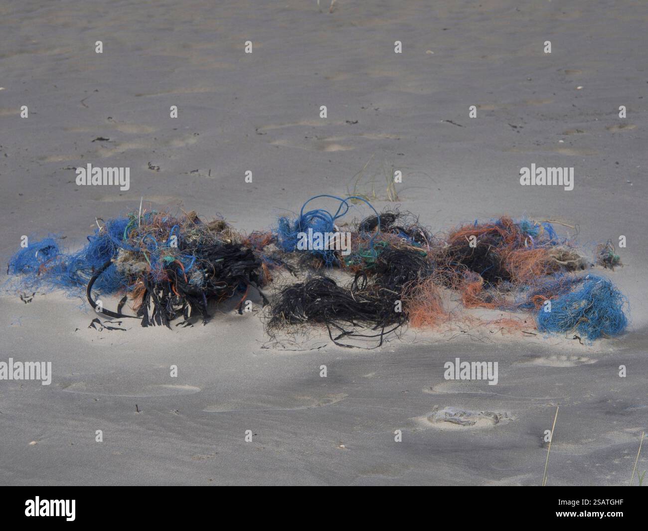 Colourful nets and litter on the sandy beach as a symbol of pollution ...
