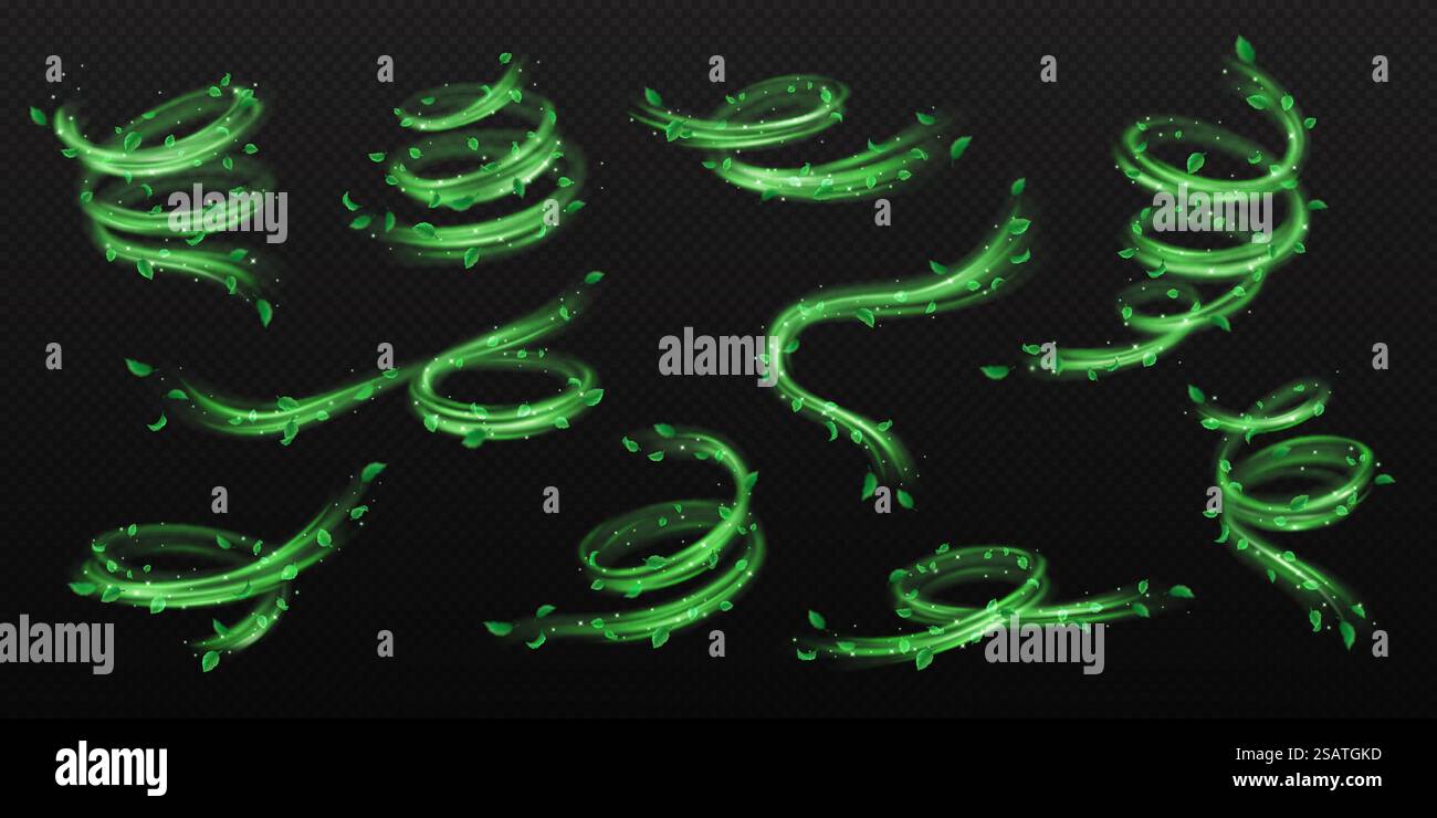 Green leaves and sparkles whirls realistic vector illustration set ...