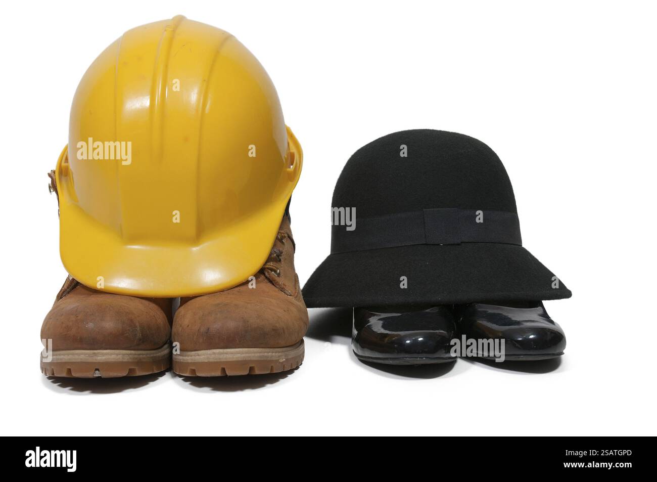 Steel toe work boots yellow hard hat cloche hat and black high heel ...