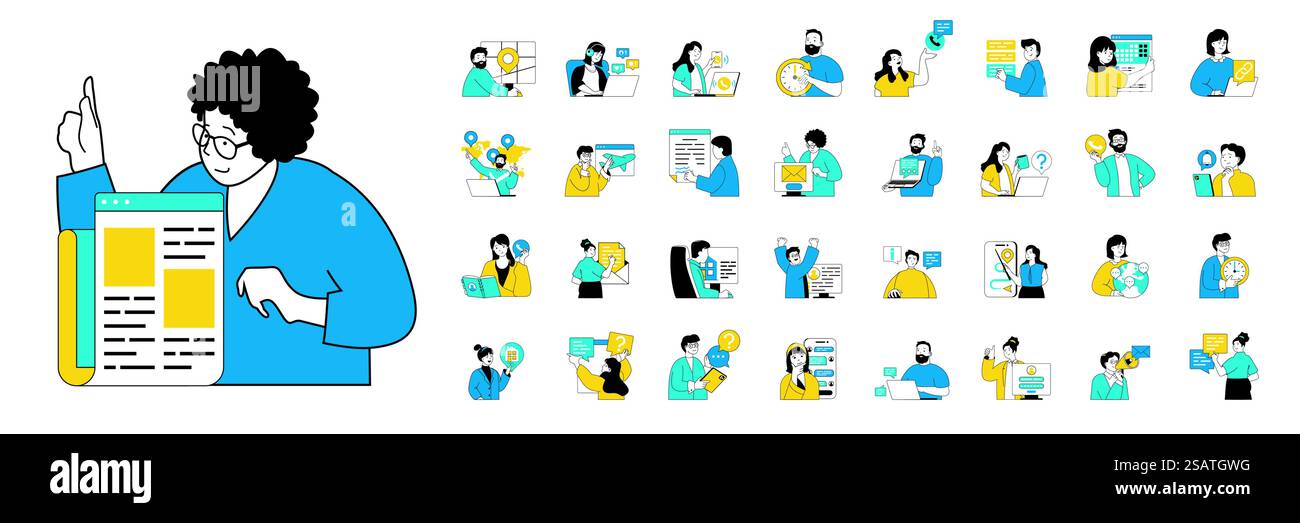 Contact us concept with character situations mega set in flat web design. Bundle of scenes ...