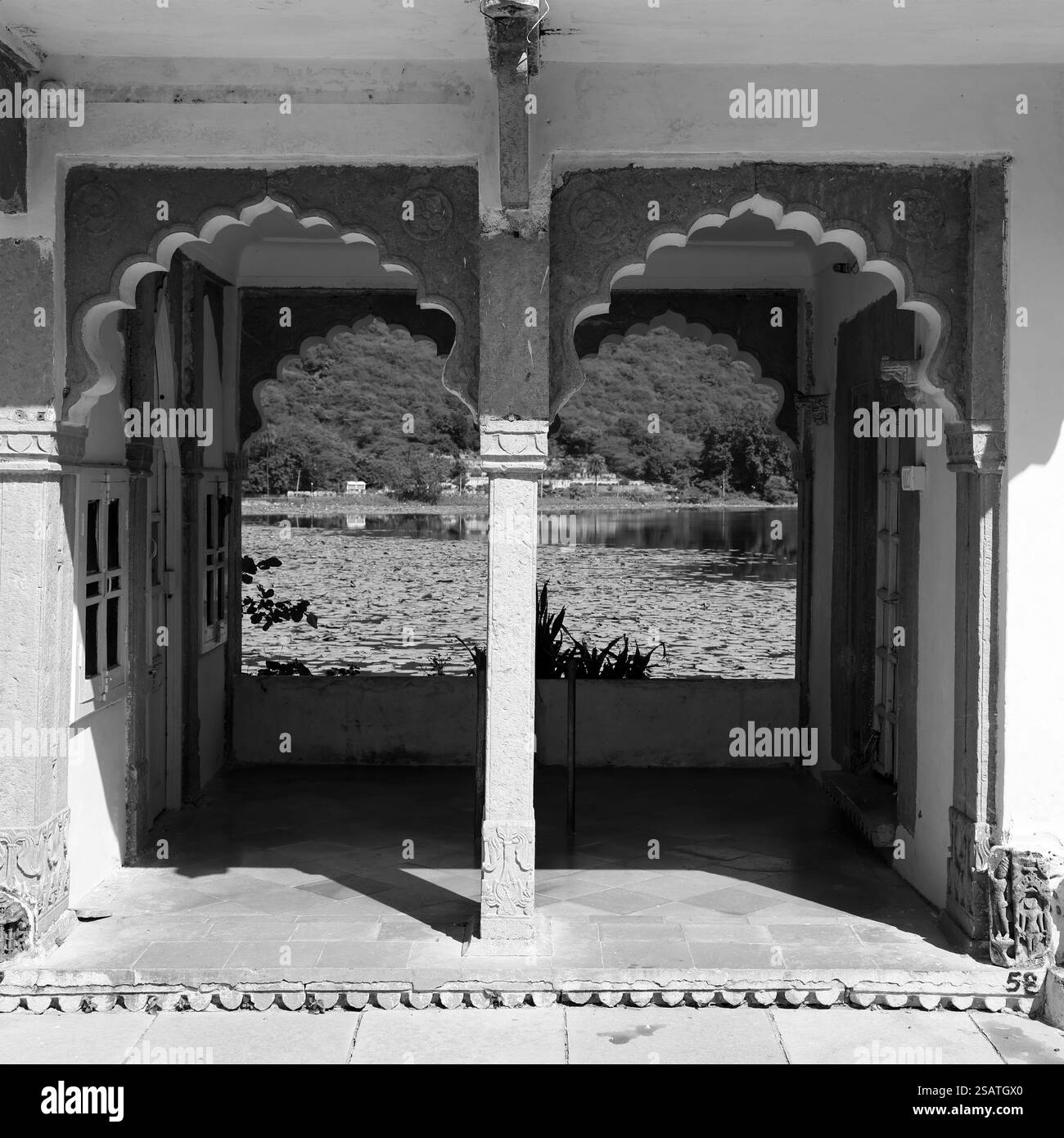 Entrance of historic Sukh Mahal in monochrome, located in Bundi city ...