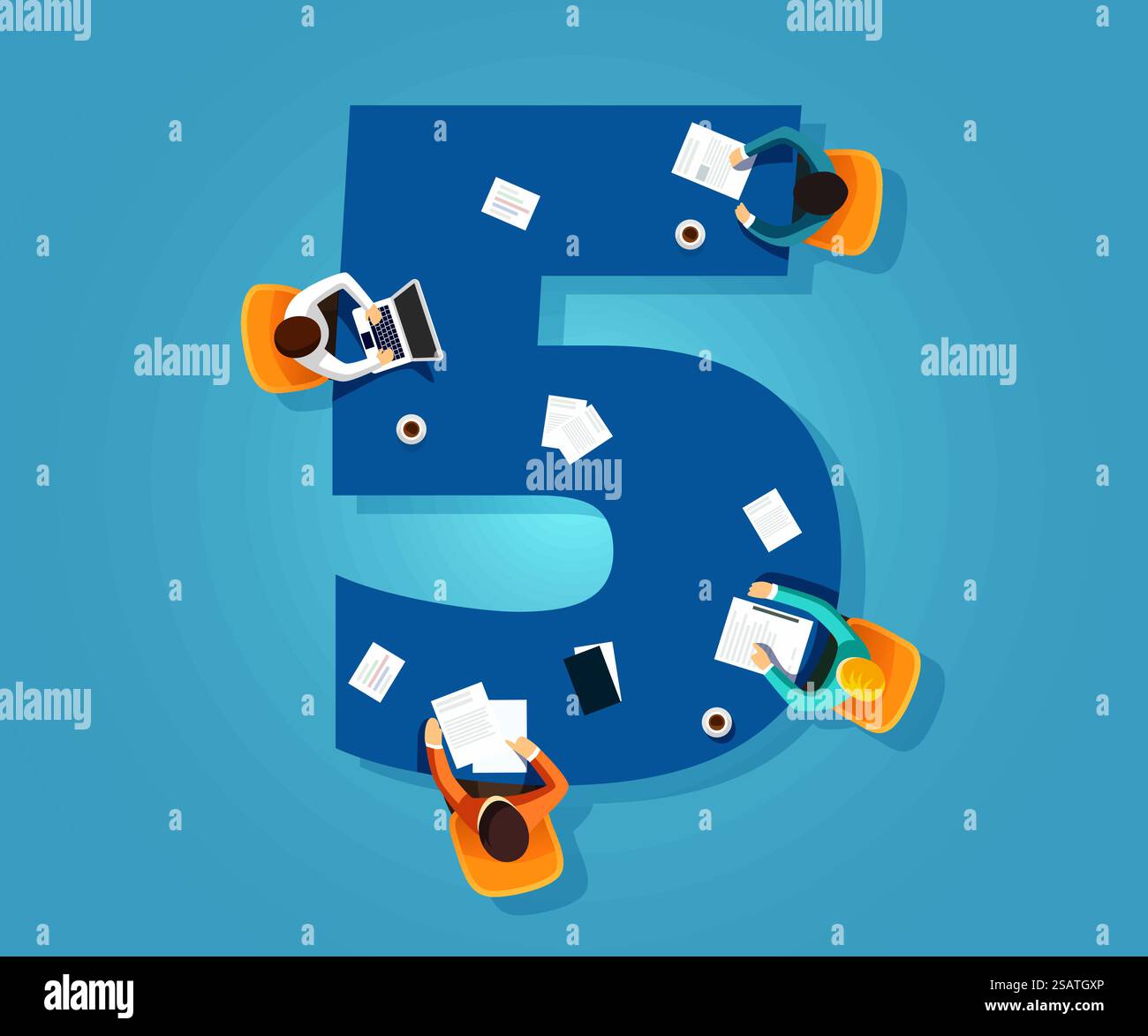 Number 5. Team works together at a table in the shape of the number ...