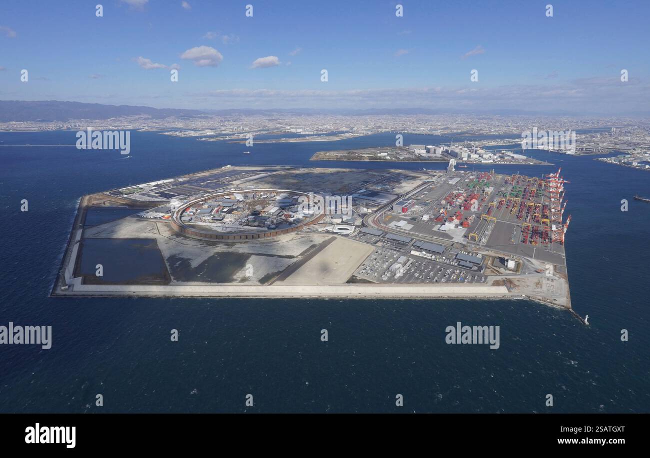 An aerial photo shows an artificial island Yumeshima in Osaka City on ...