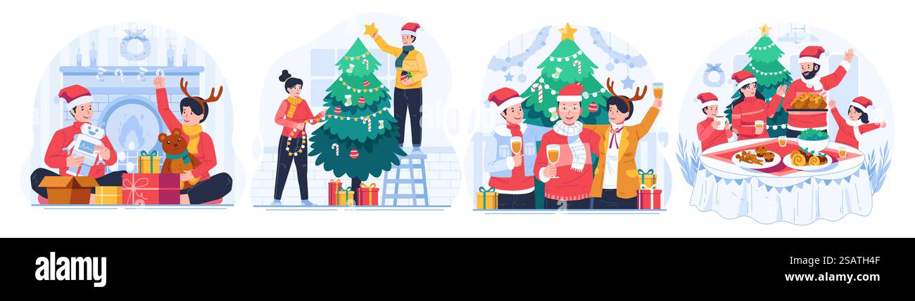 Illustration Set of Happy People Celebrating Christmas Winter Holiday ...