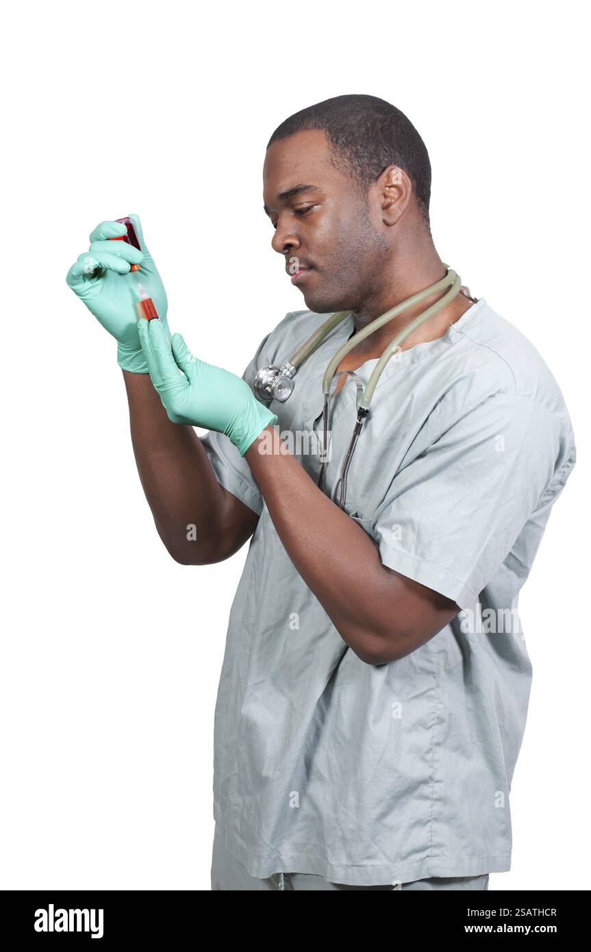 Black African American medical doctor preparing an injection in a ...