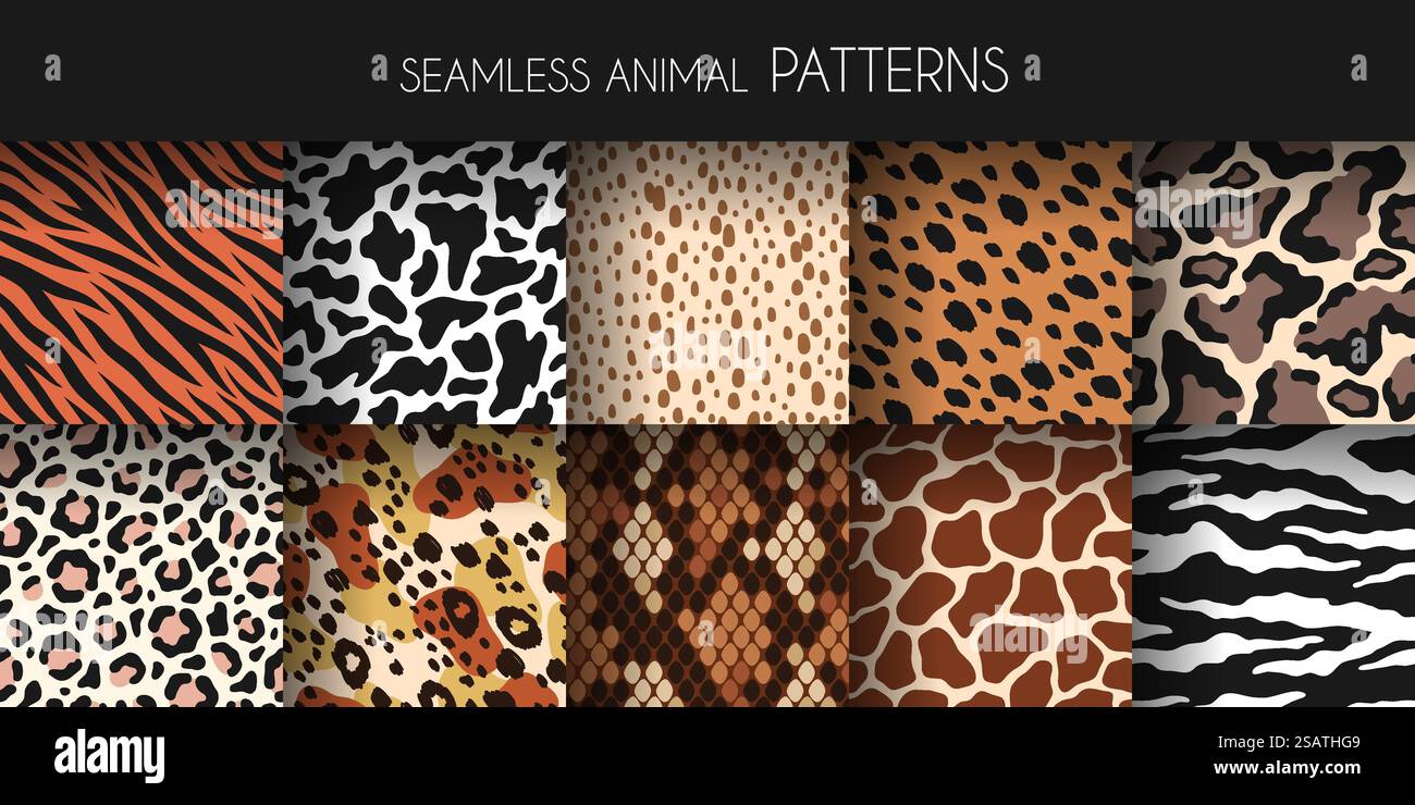 Animal fur seamless patterns. Leather and skin prints, natural fauna ...