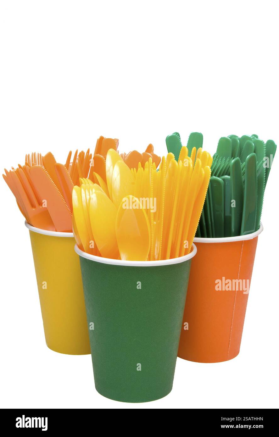 An assortment of Plastic Silverware in paper cups Stock Photo - Alamy