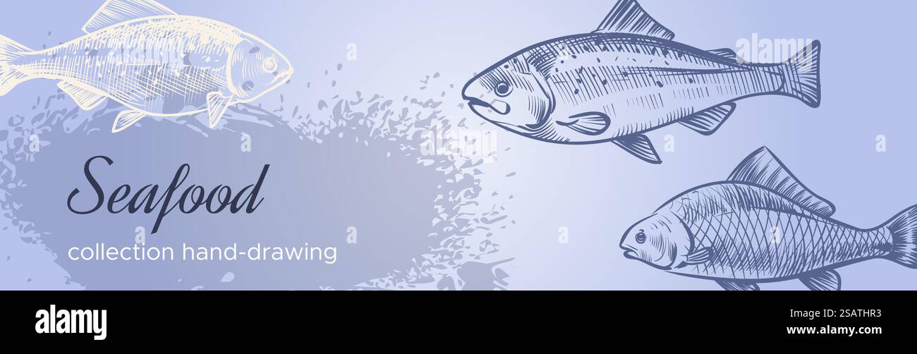 Seafood flyer. Fish sketches. Underwater life engraving isolated on ...