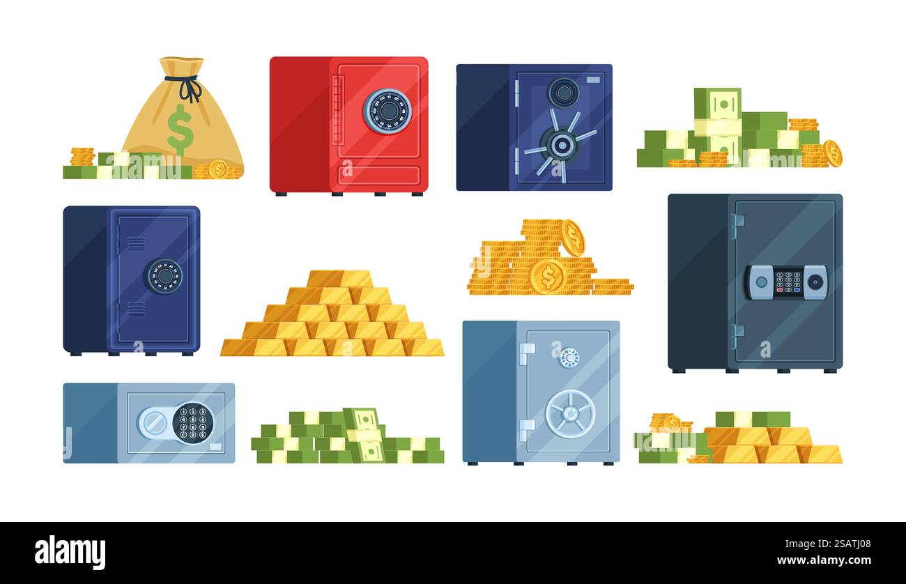 Safe boxes and money cartoon bank vault with banknotes hi-res stock ...