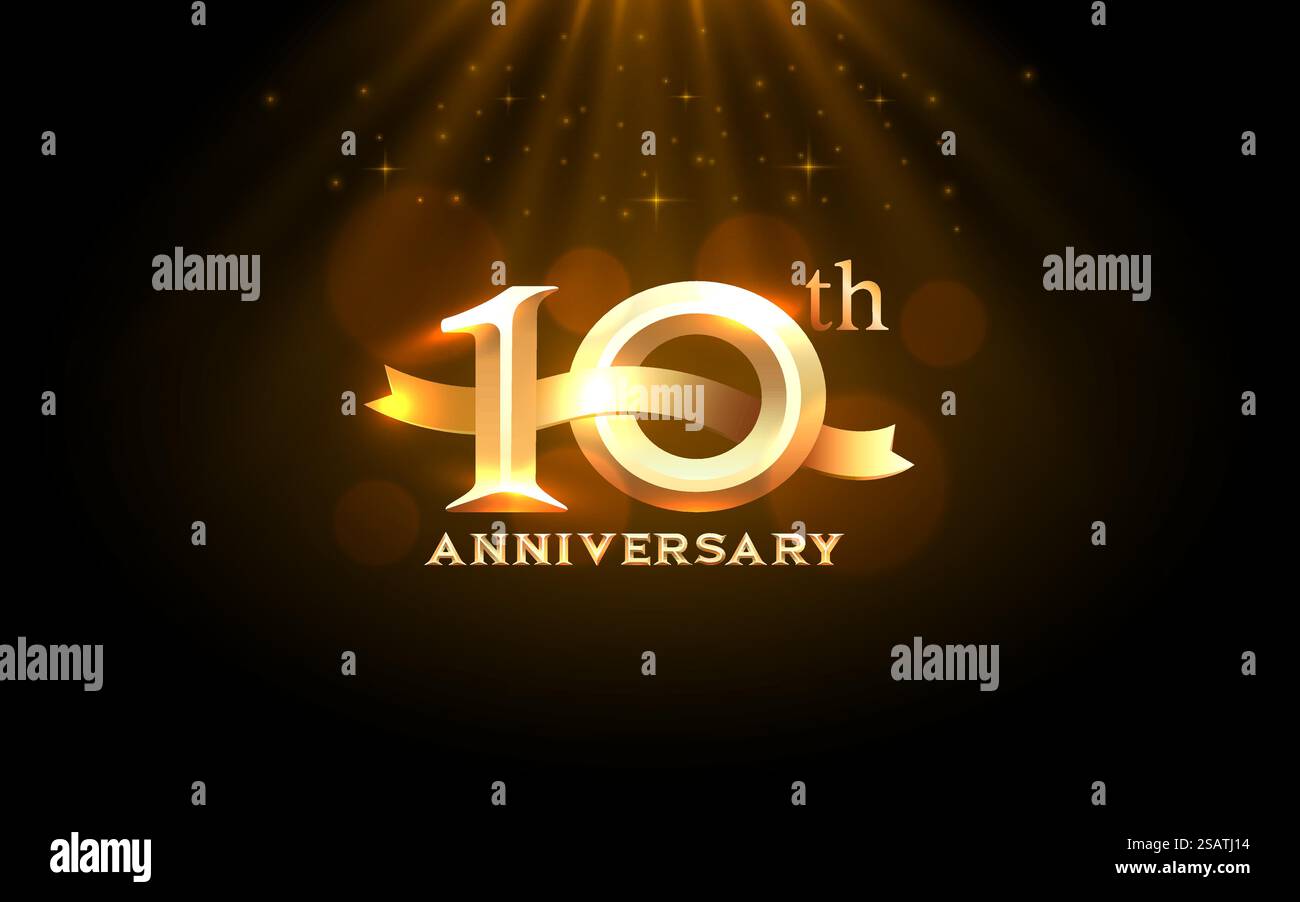 Anniversary 10th year, golden celebration, birthday event. Vector ...