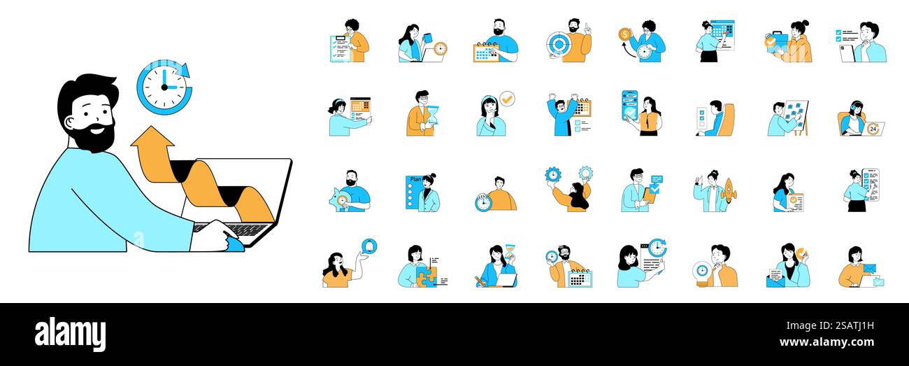 Time management concept with character situations mega set in flat web design. Bundle of scenes ...