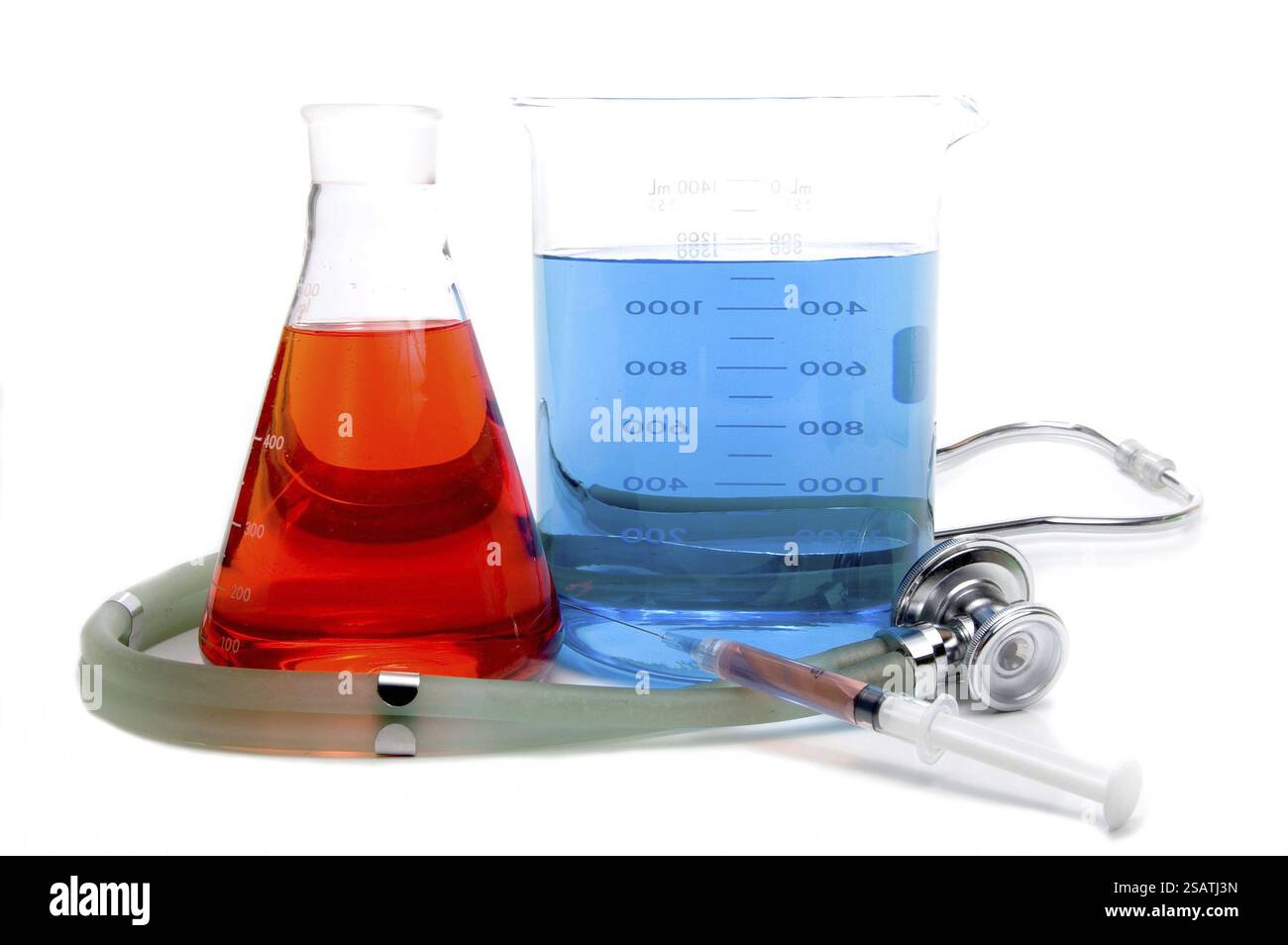 Medical Beakers Syringe and Stethoscope on a white background Stock ...