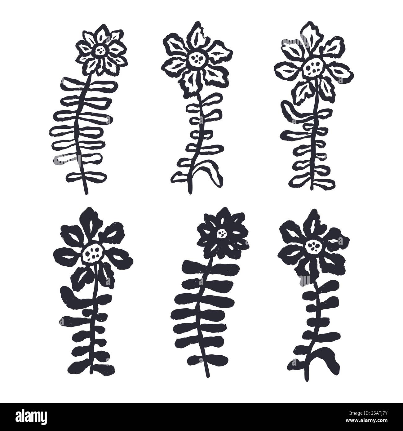 Set of black abstract inky flowers and leaves isolated on white Stock ...