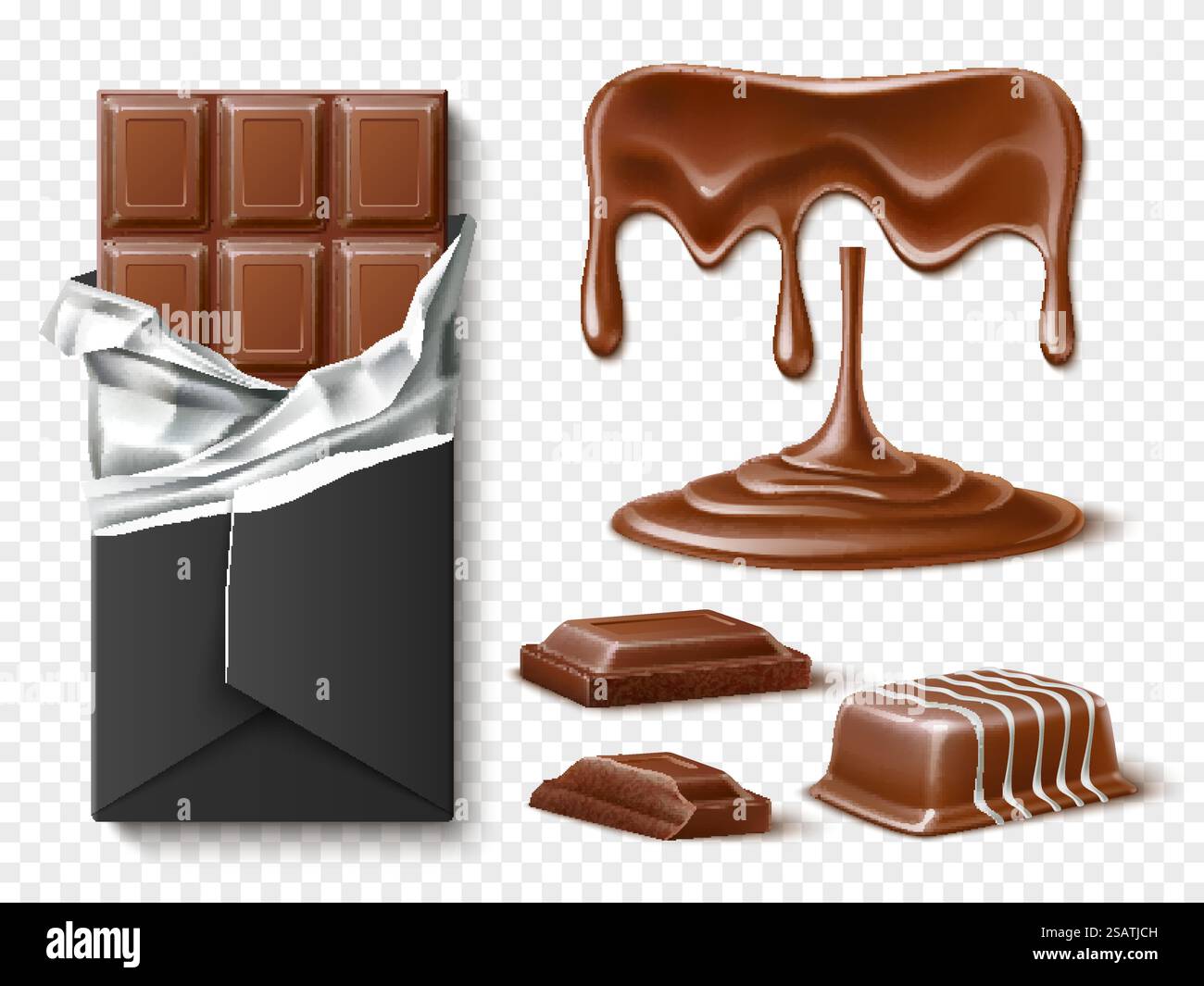 Realistic chocolate cacao. Icing candies, dark and milk pieces, smudges ...