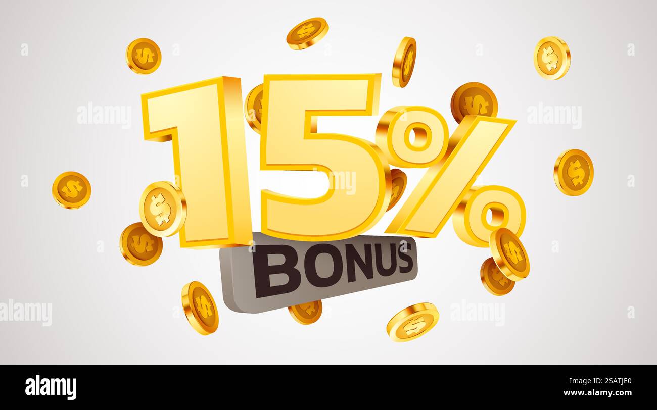 15 percents bonus. Falling golden coins. Cashback or prize concept ...