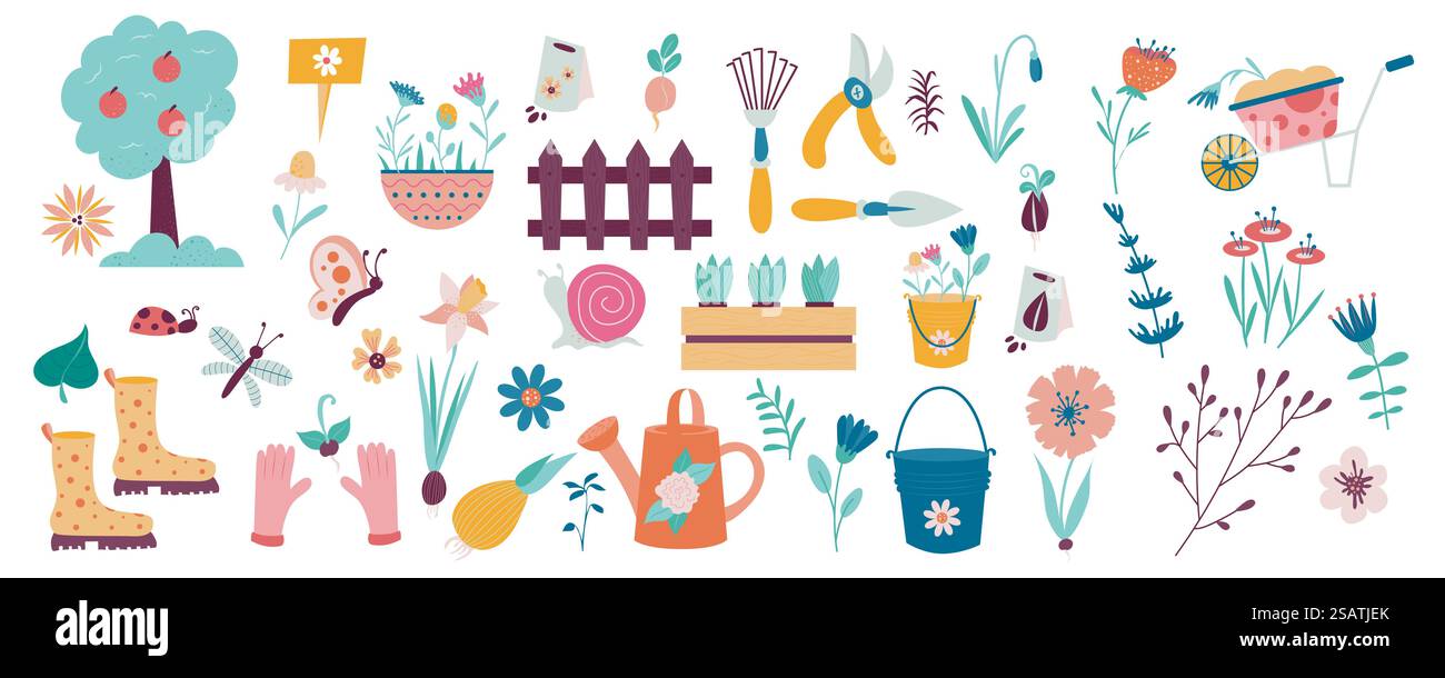 Spring decor and tools mega set in flat design. Bundle elements of ...