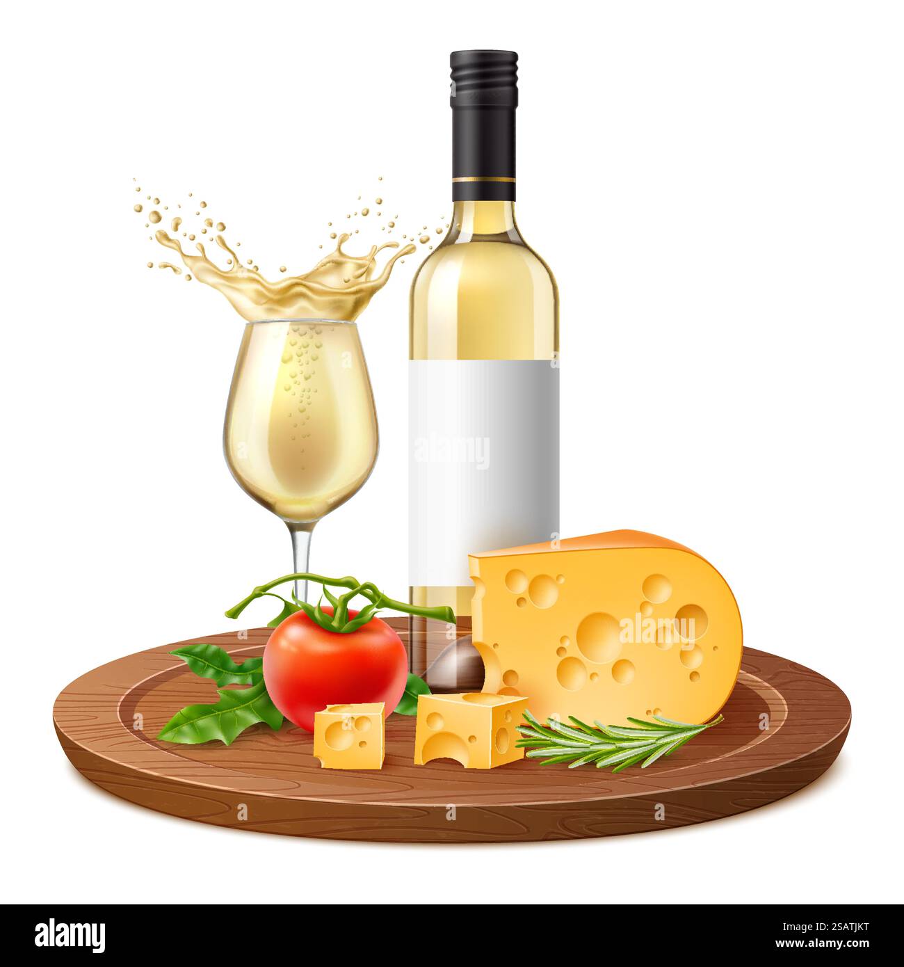 Realistic white wine and cheese. Products composition, alcohol beverage ...