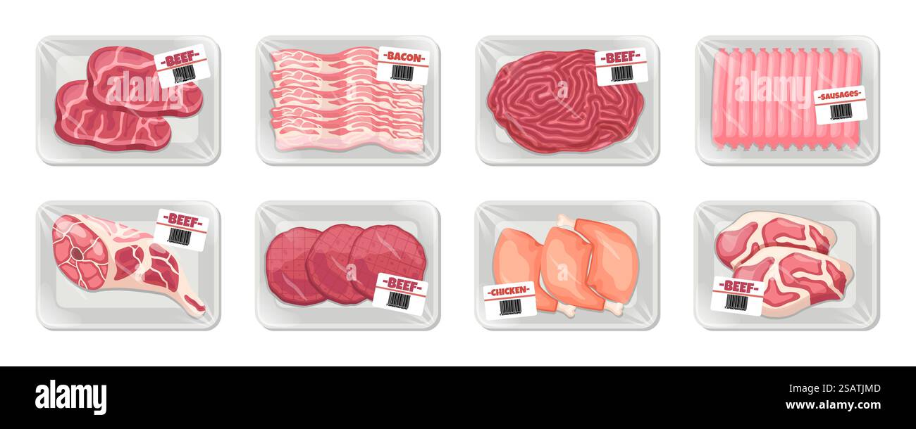 Meat plastic trays. Cartoon raw animal products, vacuum wrap packaging ...