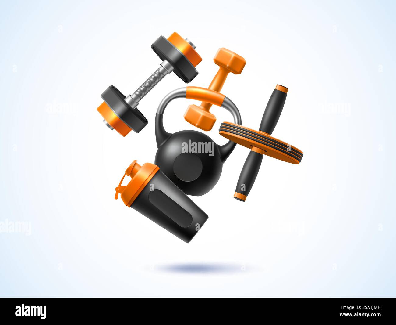 Realistic fitness composition. 3d sport objects in air, flying elements ...