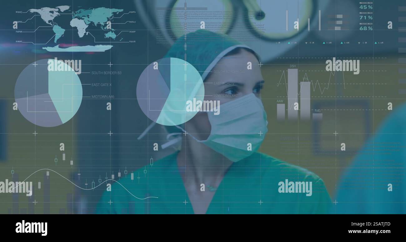 Image of data processing and diagrams over caucasian doctors during ...