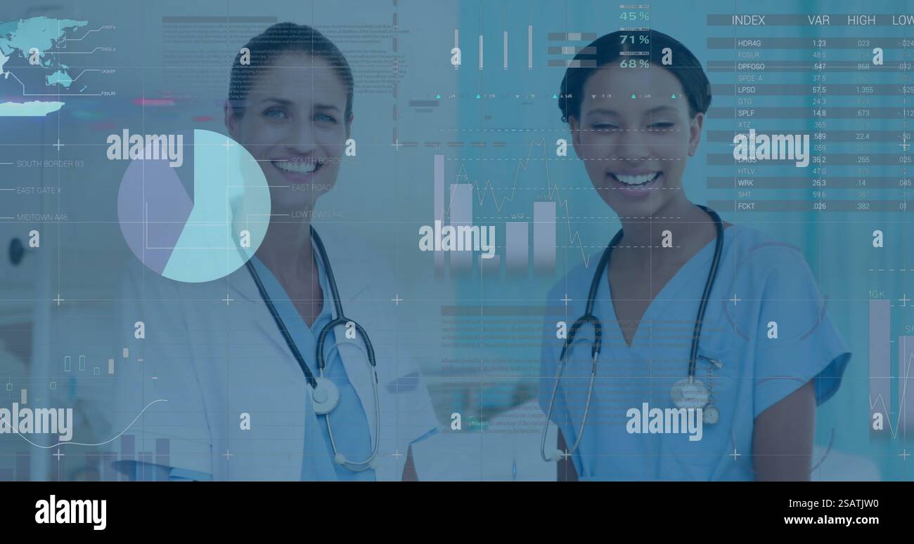 Image of data processing and diagrams over diverse female doctors ...