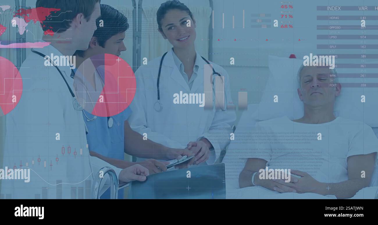 Image of data processing and diagrams over caucasian doctors talking ...