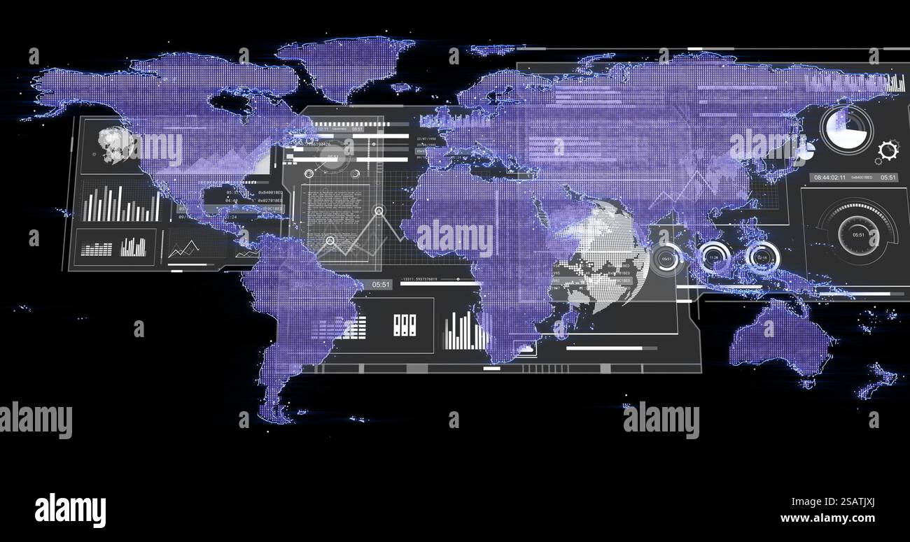 Image of data processing and diagrams over world map Stock Photo - Alamy
