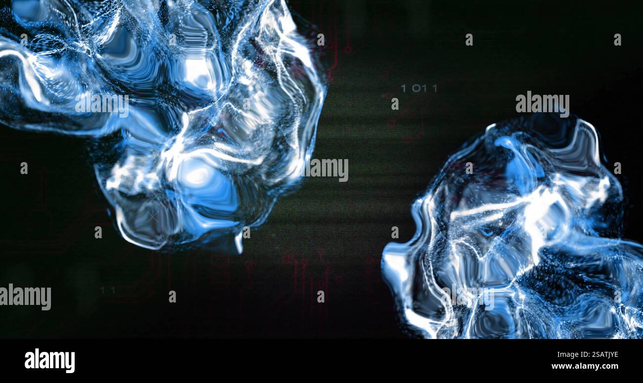 Image of digital data processing over blue liquid on black background ...