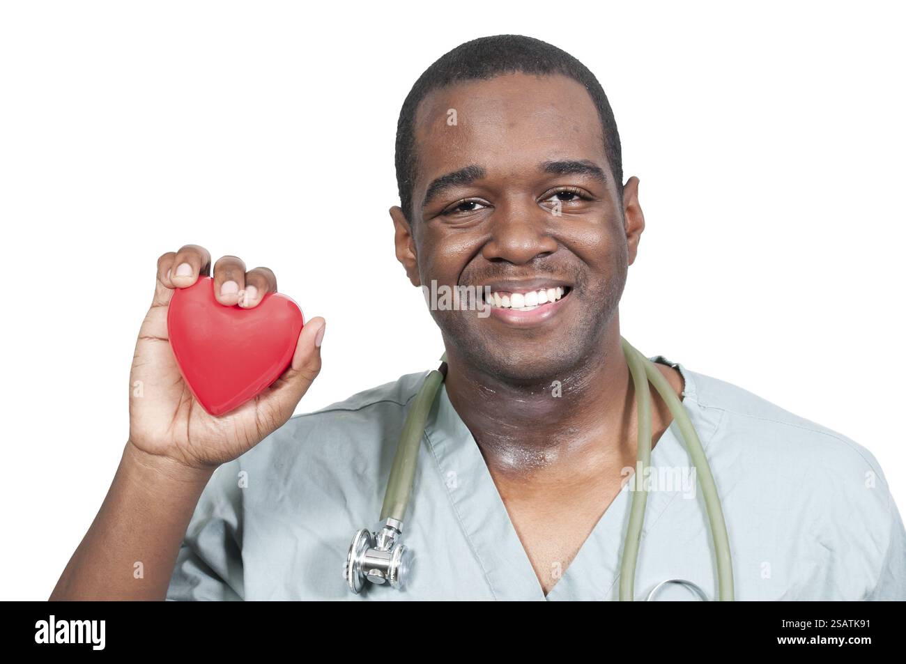 A black male African American doctor cardiologist holding a red heart ...