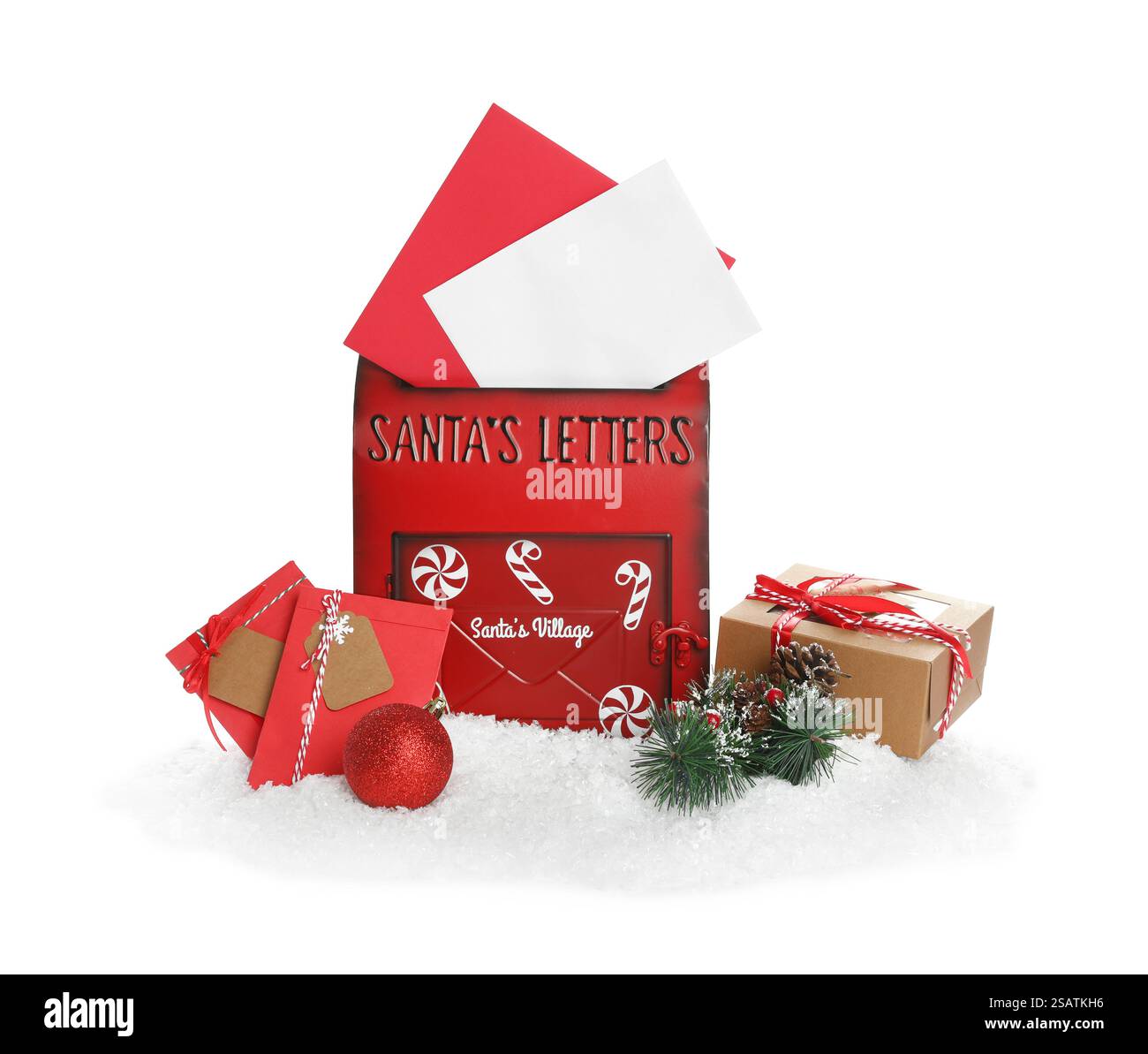 Santa Claus mail box with letters, gift, pine branch and artificial ...