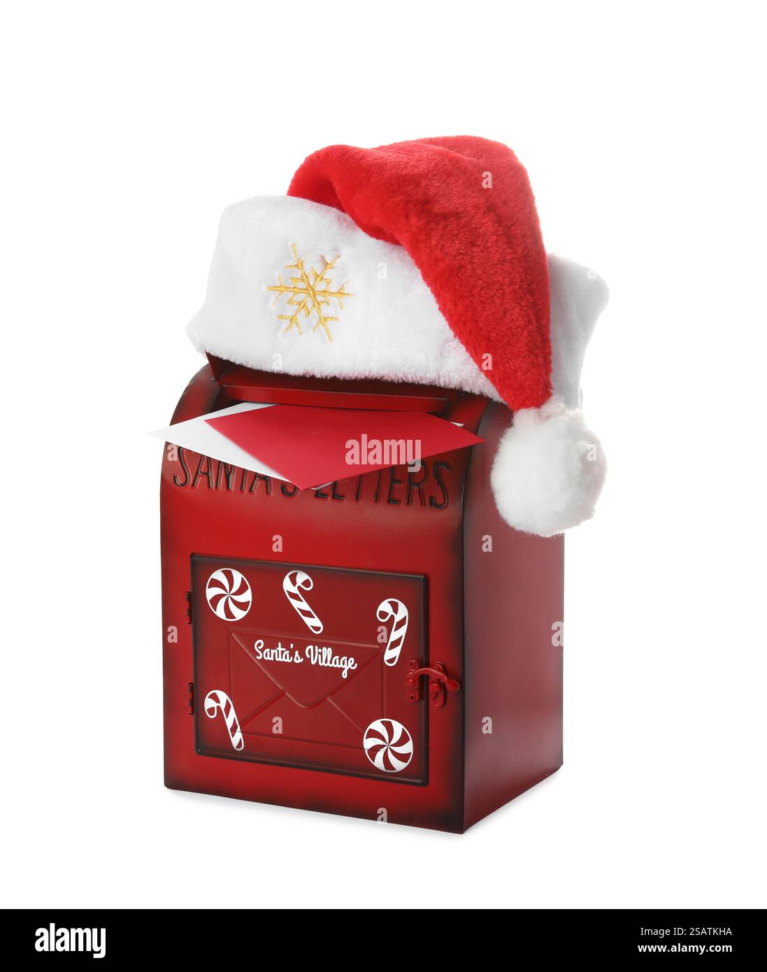 Santa Claus mail box with hat and letters isolated on white. Christmas ...