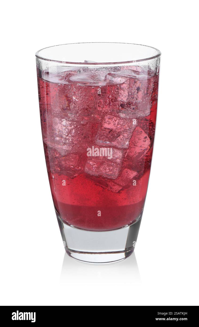Sweet soda water with ice cubes in glass isolated on white Stock Photo ...