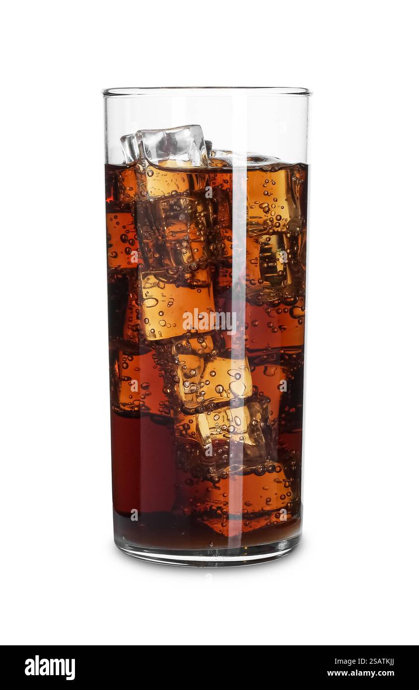 Sweet soda water with ice cubes in glass isolated on white Stock Photo ...