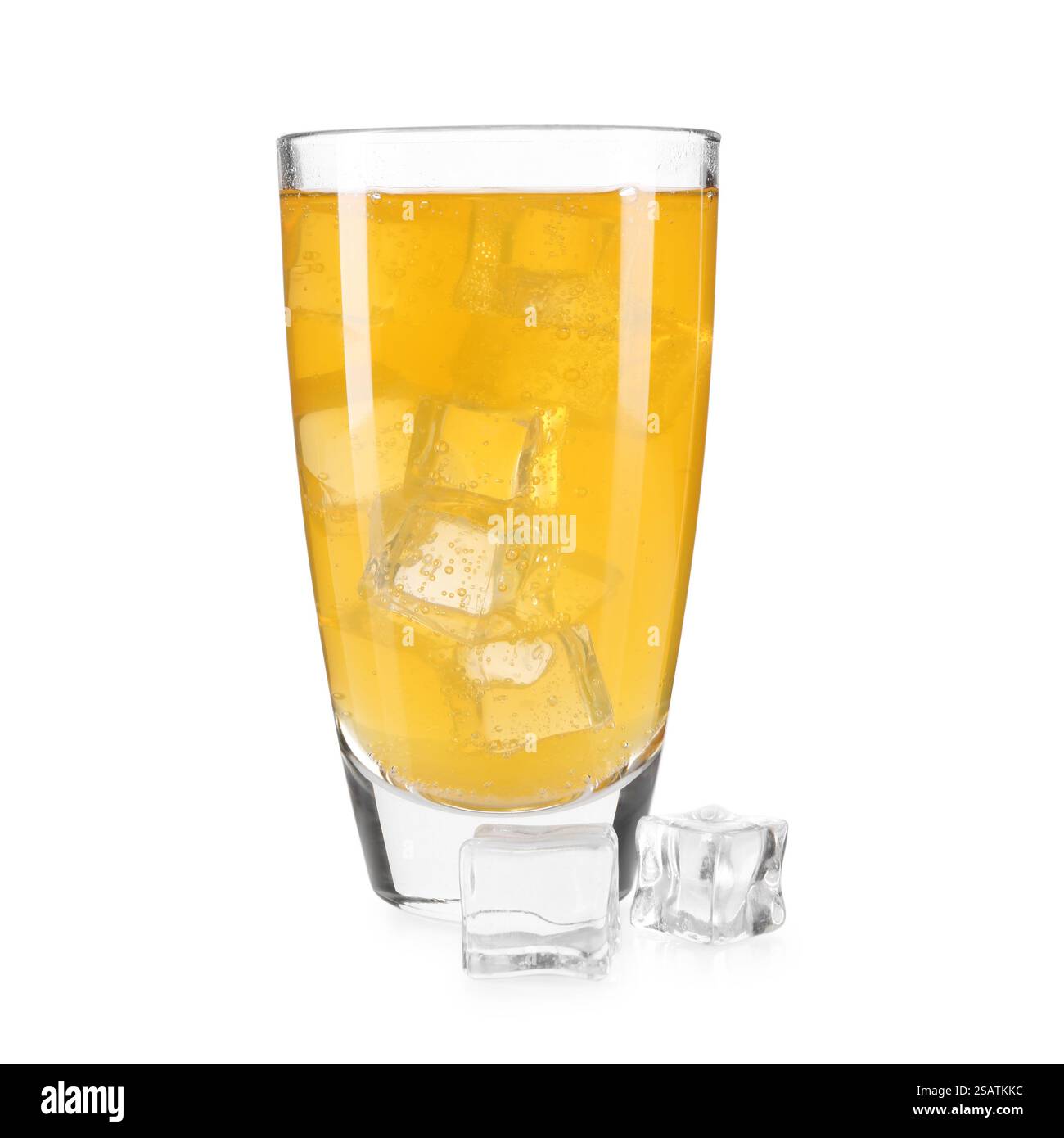 Sweet soda water in glass and ice cubes isolated on white Stock Photo ...