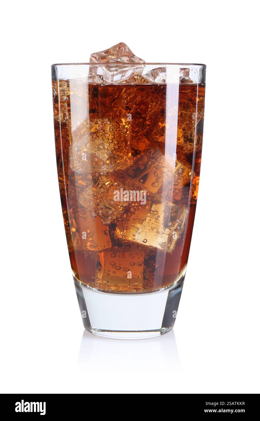 Sweet soda water with ice cubes in glass isolated on white Stock Photo ...