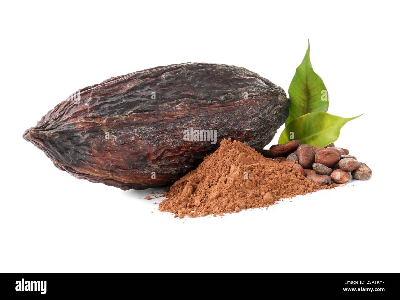 Cocoa pod, beans, powder and leaves isolated on white Stock Photo - Alamy
