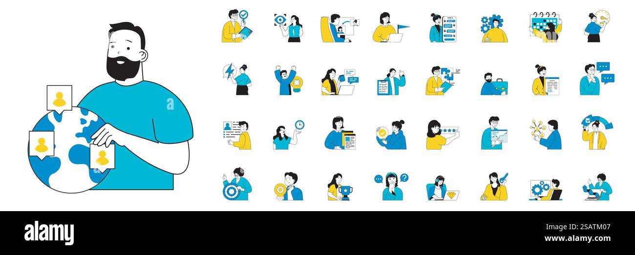 Teamwork concept with character situations mega set in flat web design. Bundle of scenes people ...