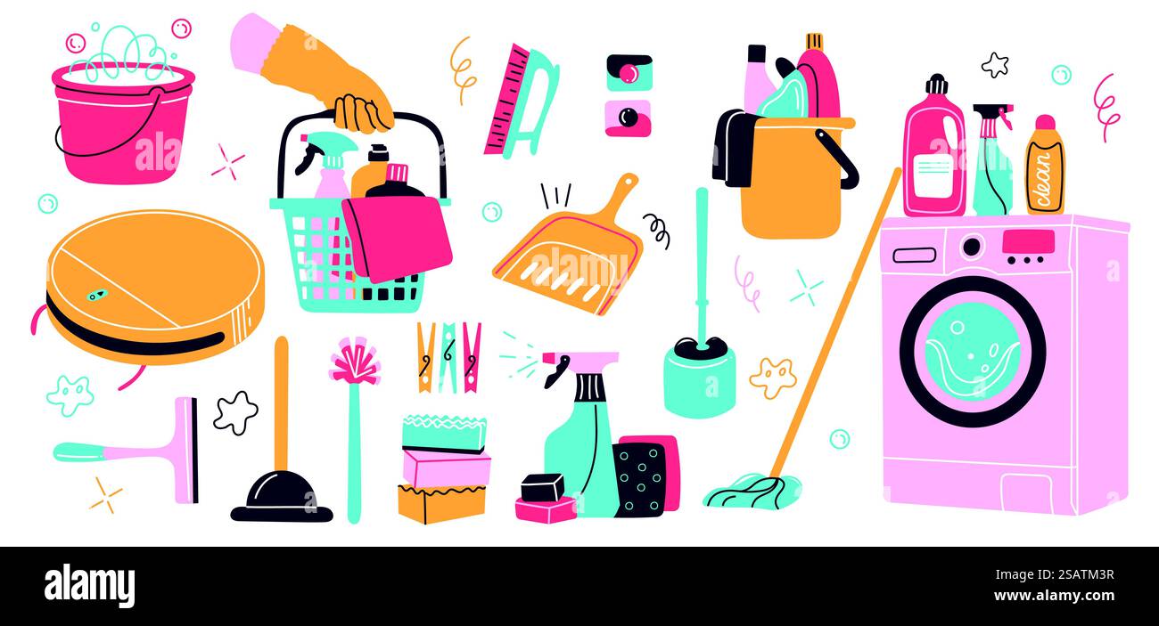Cleaning supplies icons. Housekeeping objects, washing brushes, buckets ...